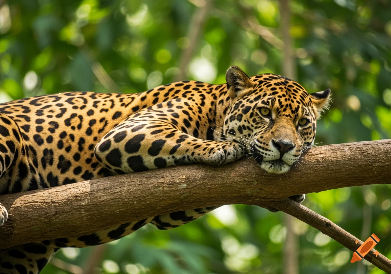 Photorealistic close-up of a spotted jaguar resting on a thick tree ...
