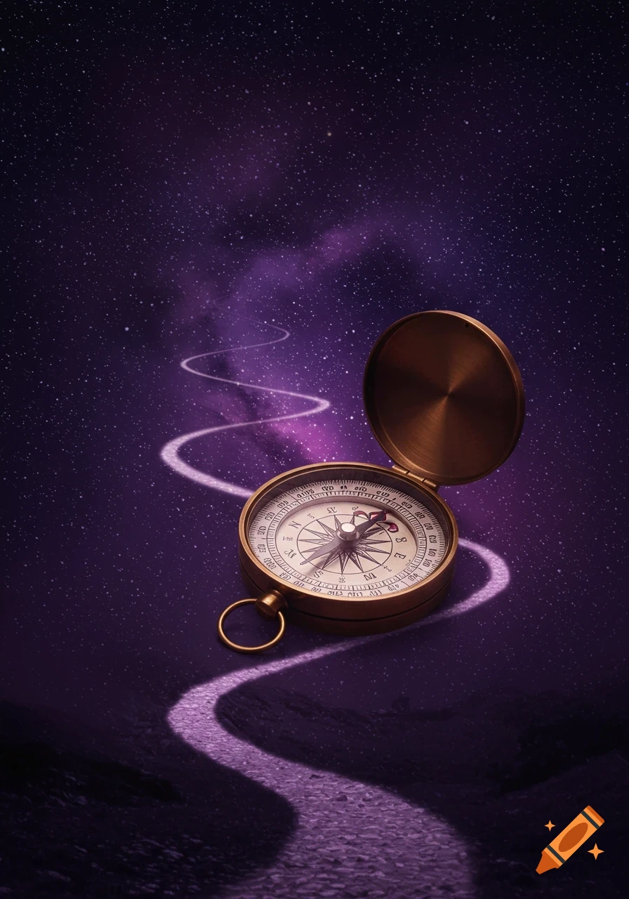 An antique brass compass rests on a dark purple, starry ground with a ...