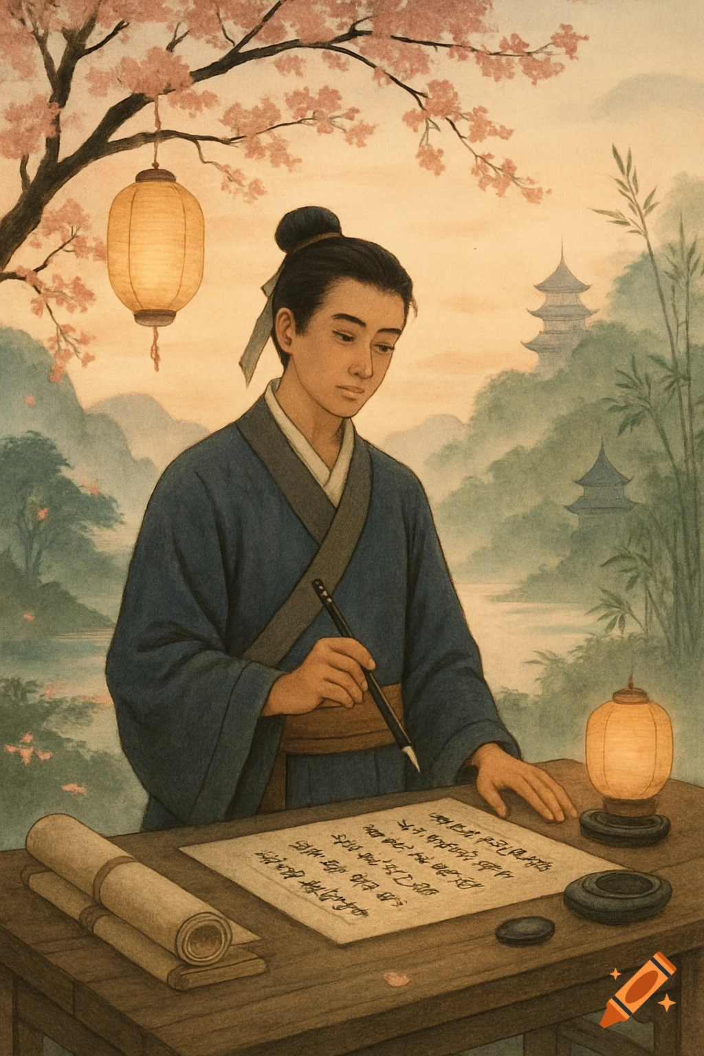 An old sensei with a white beard wearing a Santa hat and blue kimono ...