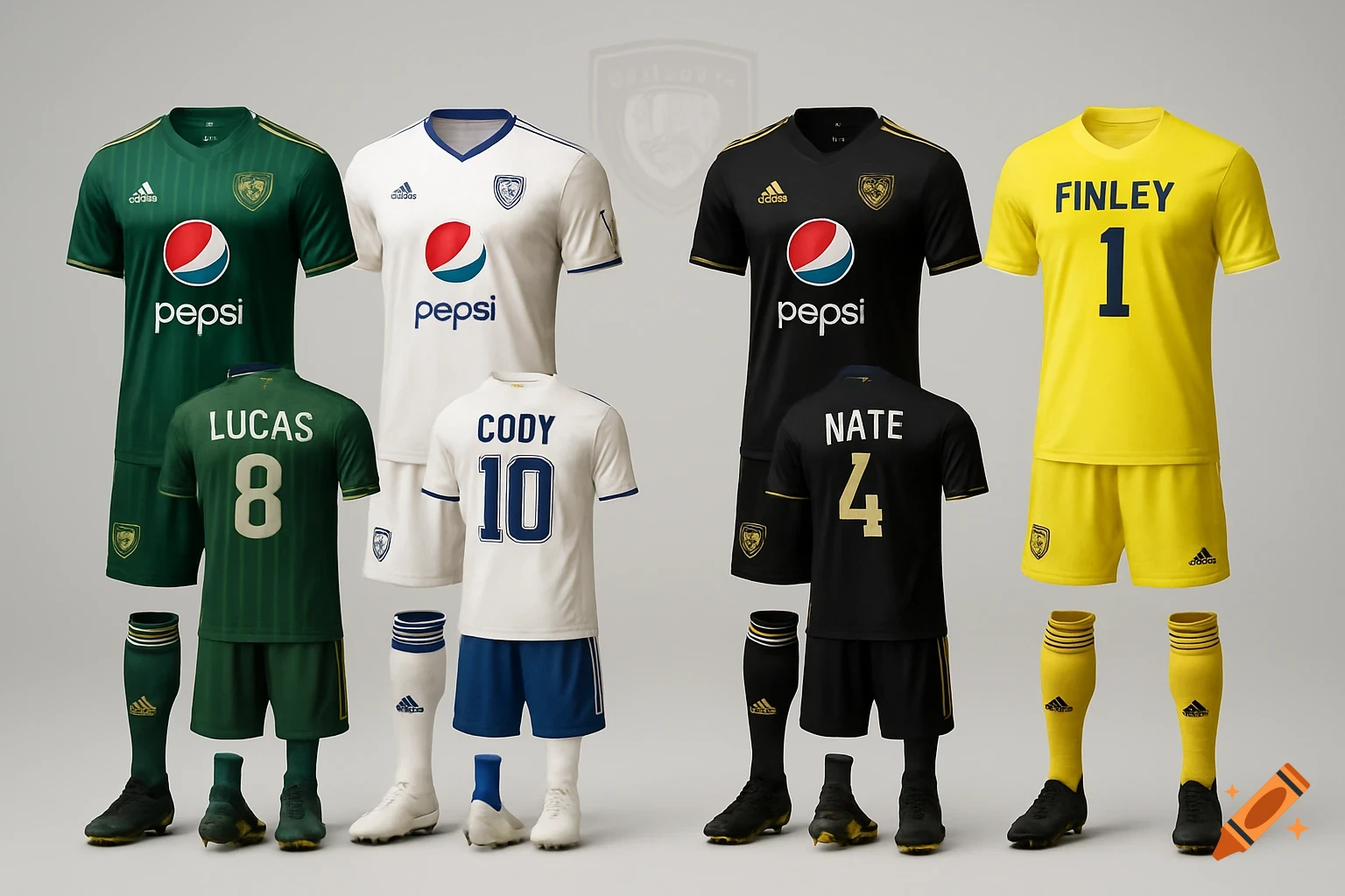 Four Adidas football kits in green, white, black, and yellow, each with ...