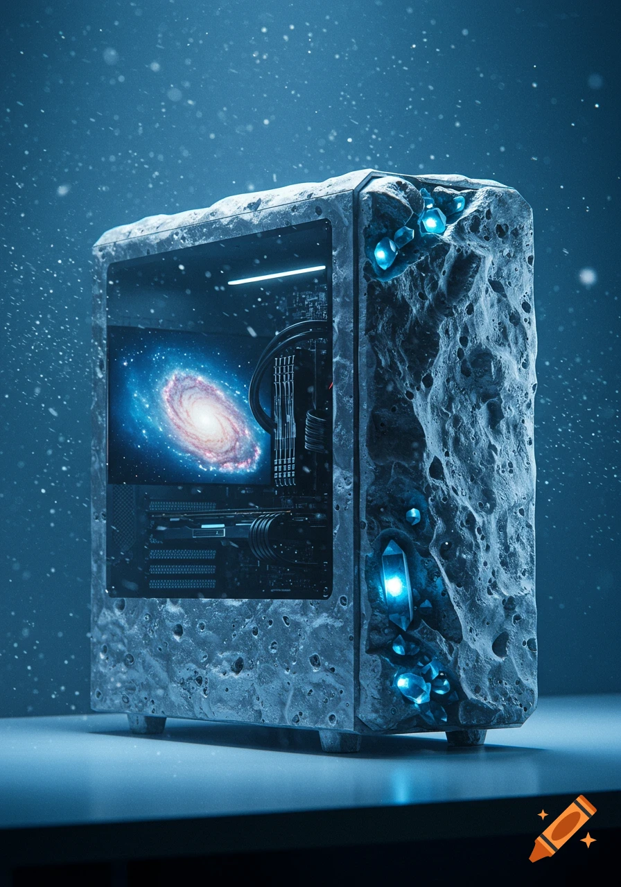 A custom PC case made of textured grey rock, resembling a moon rock ...