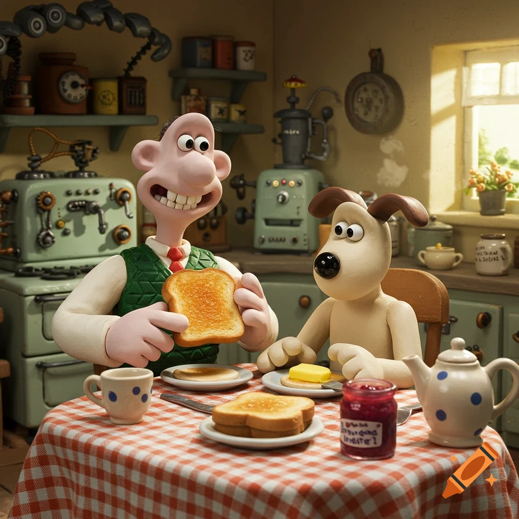 Wallace and Gromit share breakfast at a red checkered table, Wallace ...
