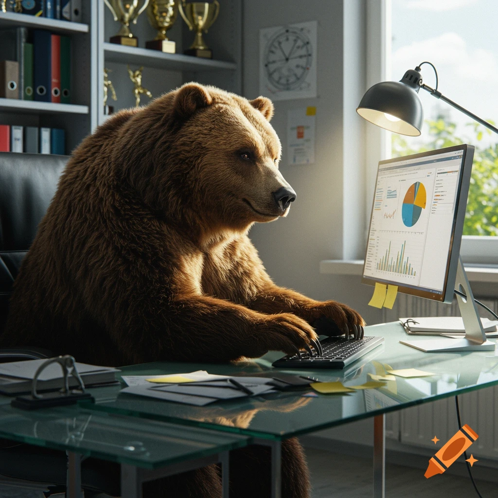 A realistic panda in glasses sits at an office desk with a '#TGIF' mug ...