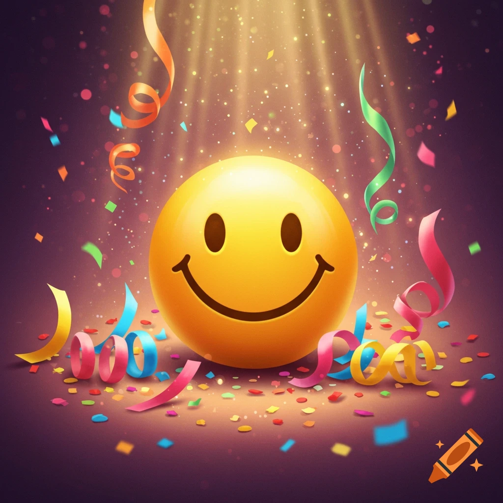 A bright yellow smiley face emoji surrounded by colorful confetti and ...