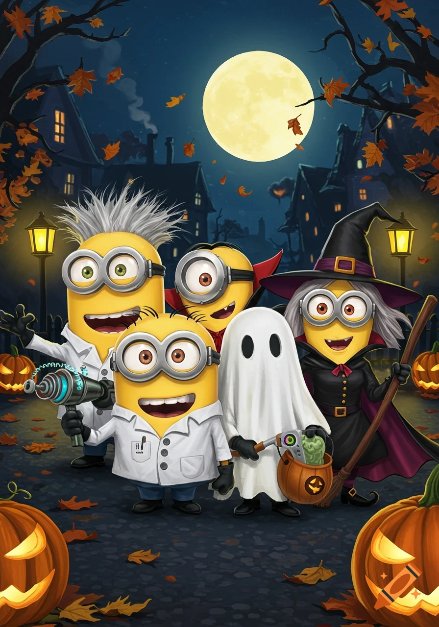 Five Minions in Halloween costumes, including scientists, a vampire, a ...