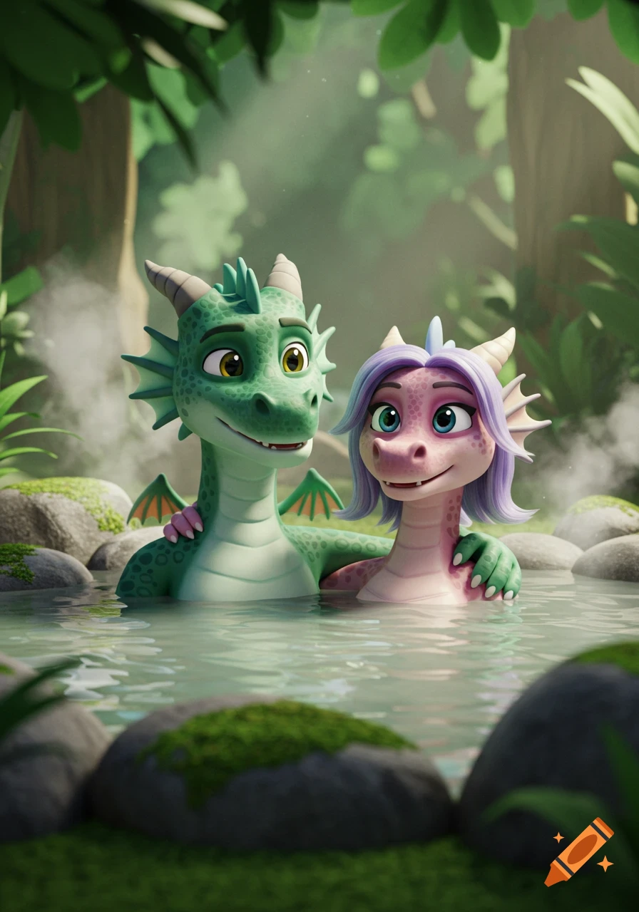 A green male dragon and a pink female dragon cuddle in a hot tub in a ...
