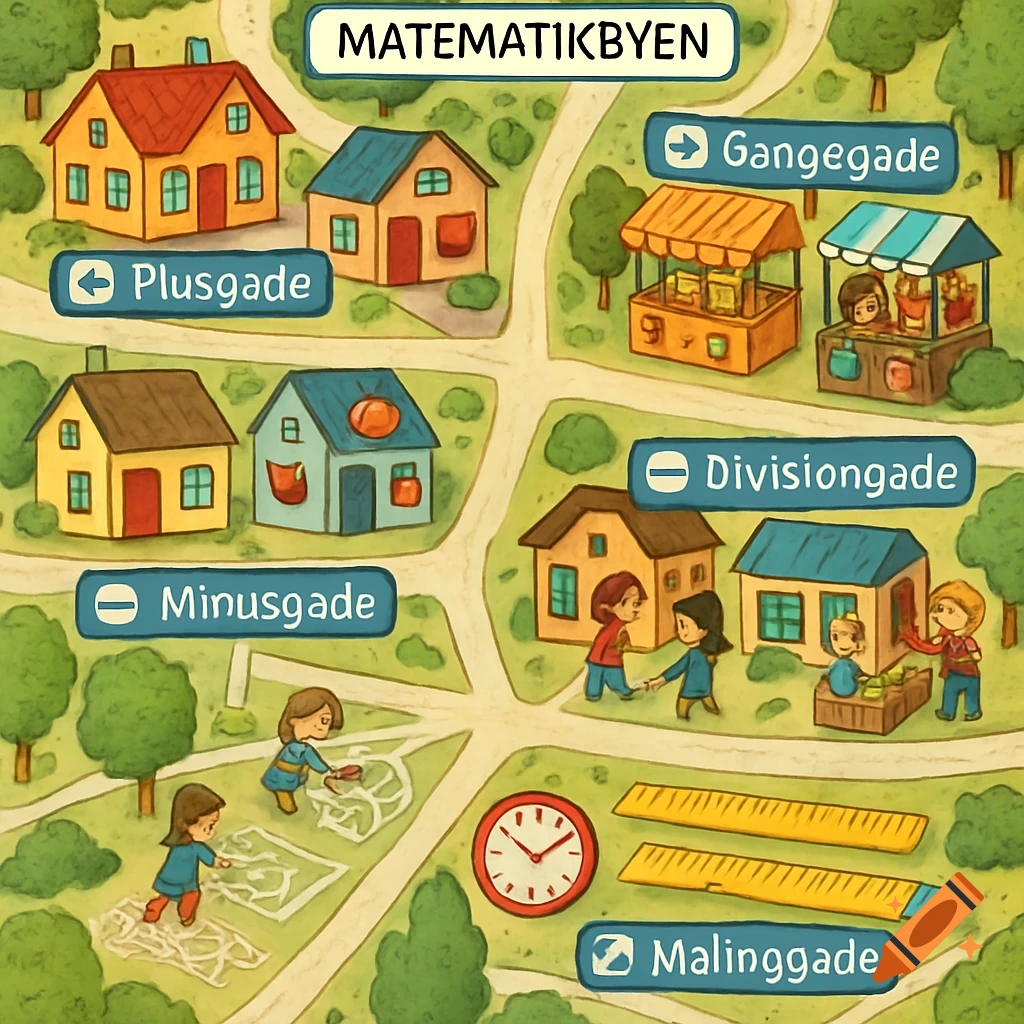 Cartoon map of 'Mathematics Town' featuring streets named Plusgade ...