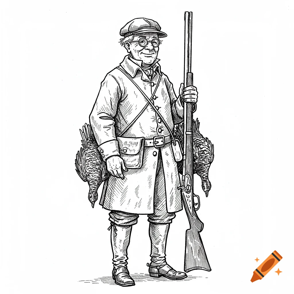Smiling old hunter in a cap and coat, holding a rifle and with two dead ...