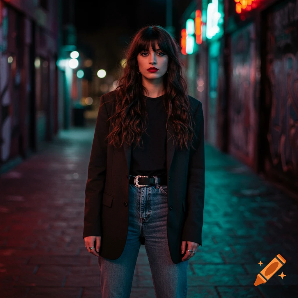 A woman with long wavy brown hair and red lipstick stands in an alley ...