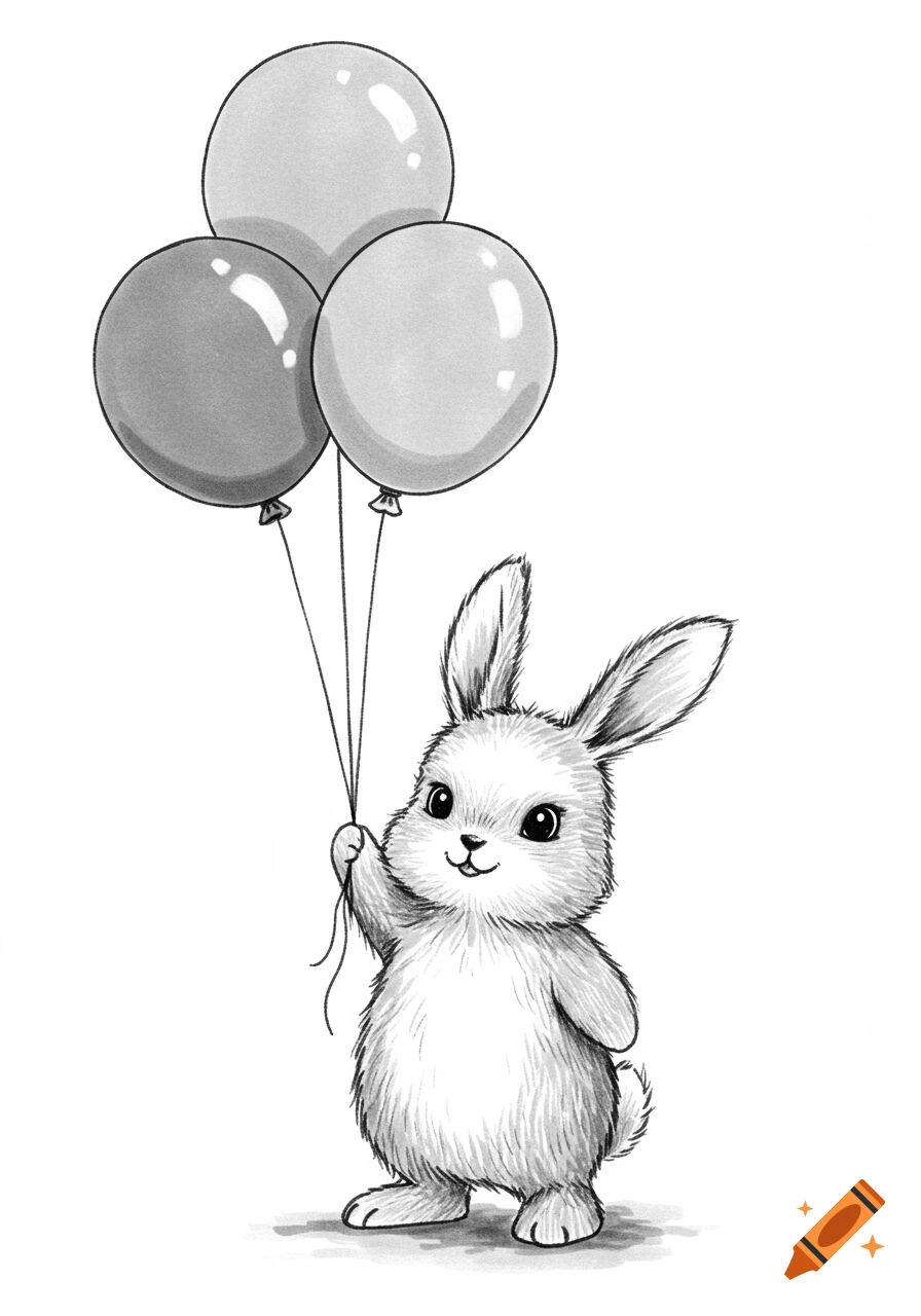 Black and white drawing of a cute rabbit holding three balloons. on Craiyon