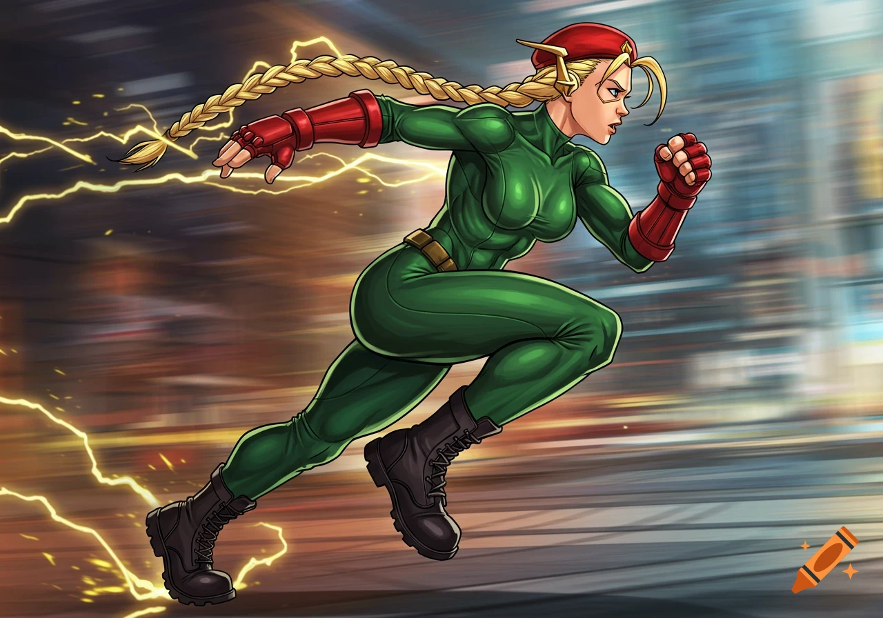Comic illustration of Cammy White in a green speedster suit, red gloves ...
