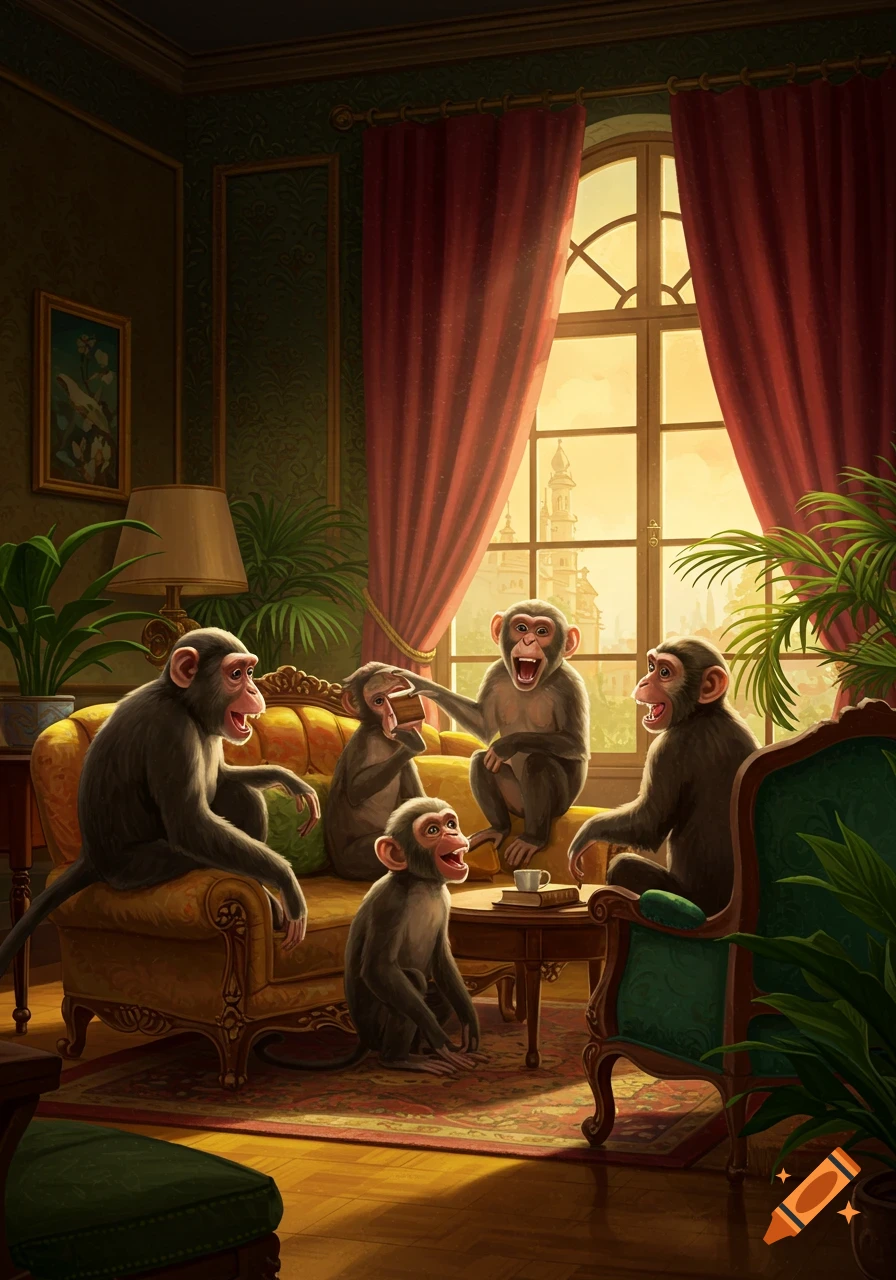 Five cartoon-style monkeys gathered in a richly decorated living room ...