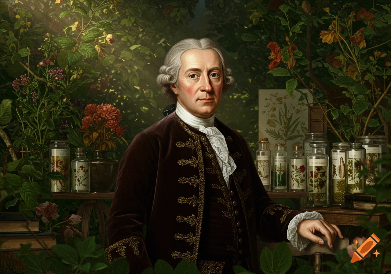 Classical portrait of Carl Linnaeus-like botanist with powdered hair ...