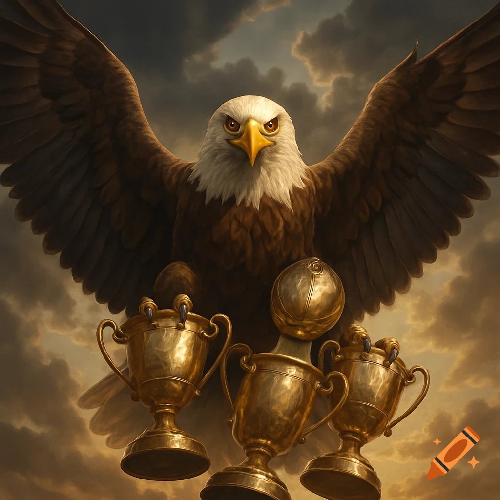 A majestic bald eagle with spread wings clutches golden championship trophies and a golden ball ...