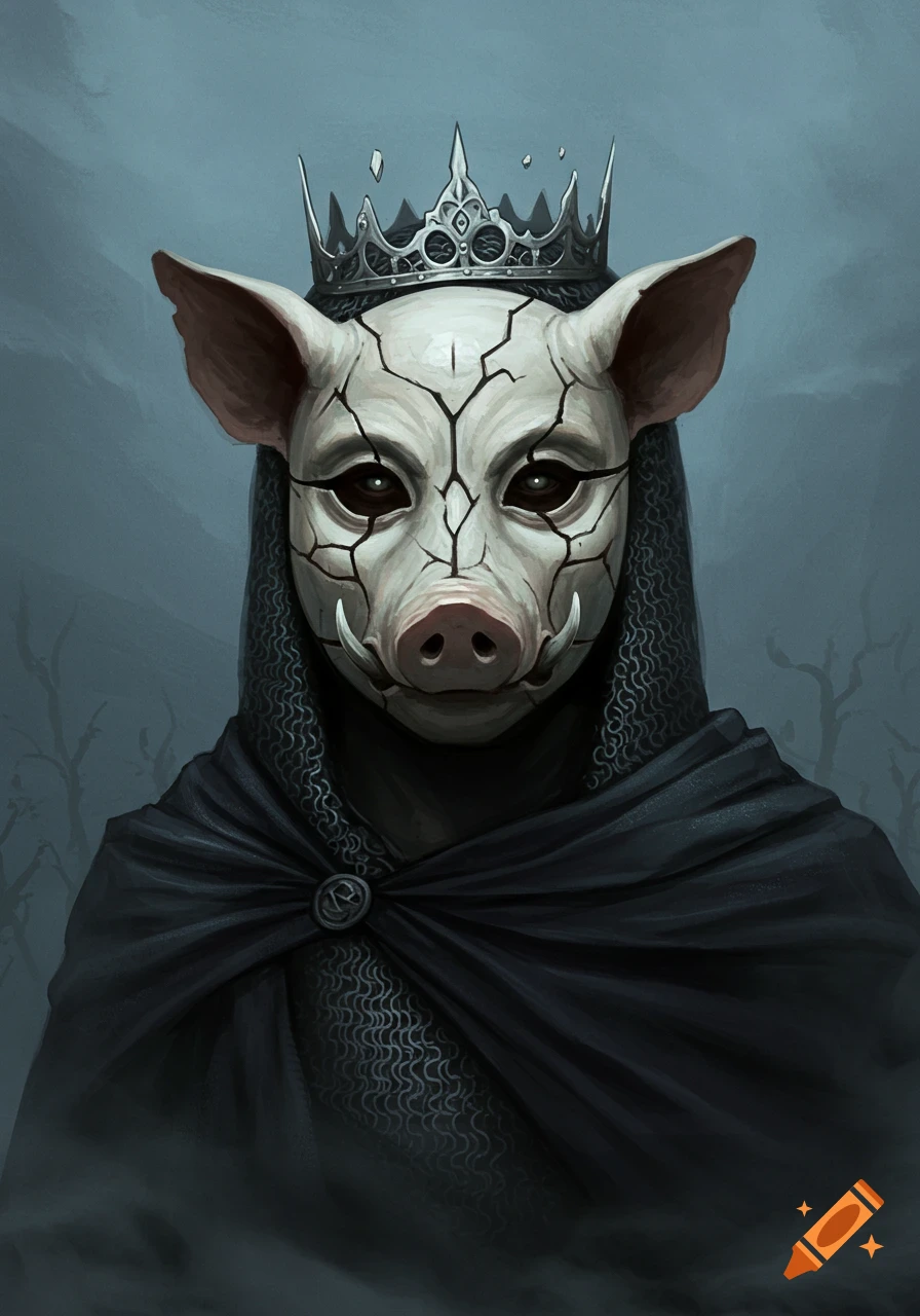 A figure in a cracked pig mask with tusks and a silver crown, wearing a ...