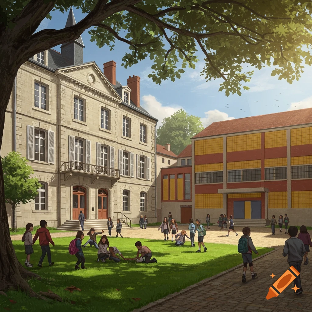 Children play in a sunny school courtyard with an old stone building ...