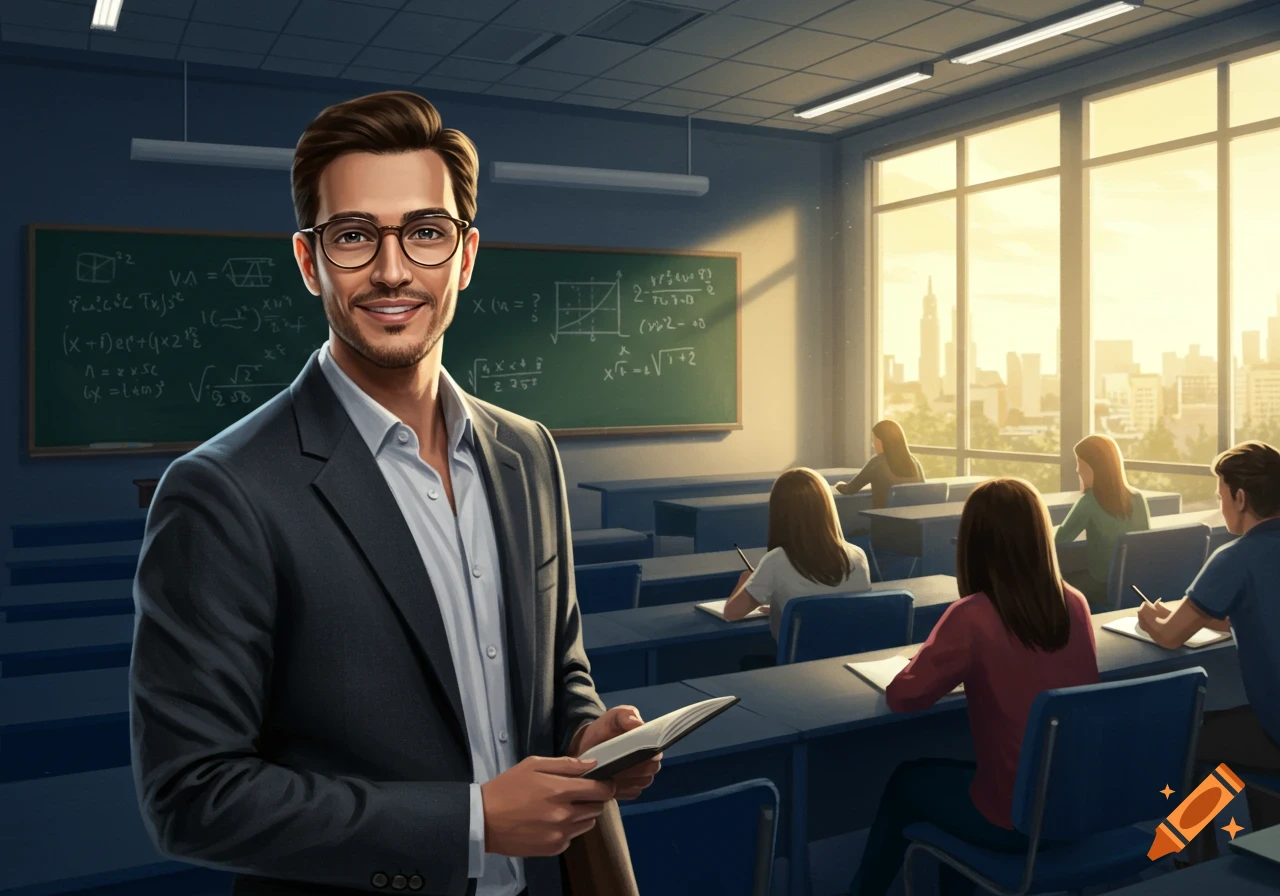 A smiling male professor wearing glasses and a suit holds a book in a ...