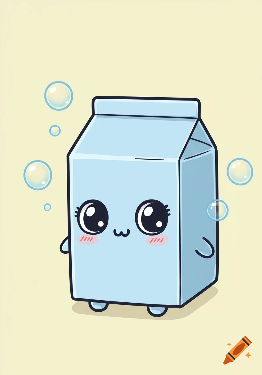 A cute, light blue milk carton cartoon character with big eyes, blush ...