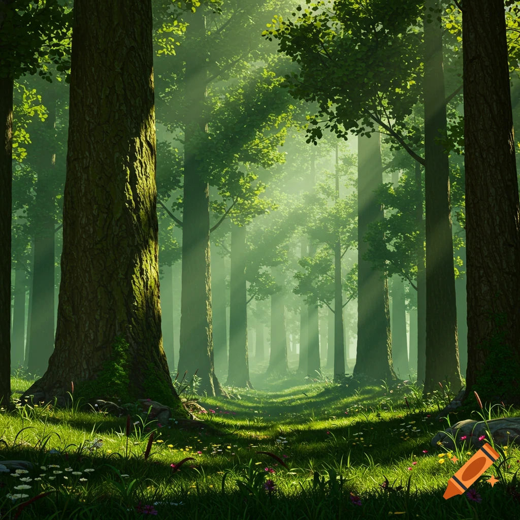 Sunbeams filter through lush green trees in a misty forest ...