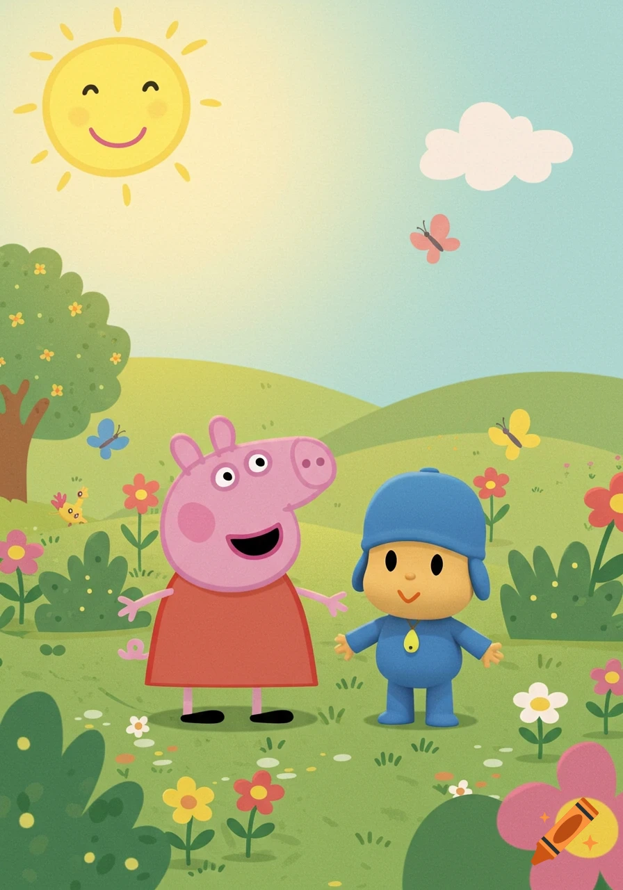 Peppa Pig drives a red convertible car through a sunny green landscape ...