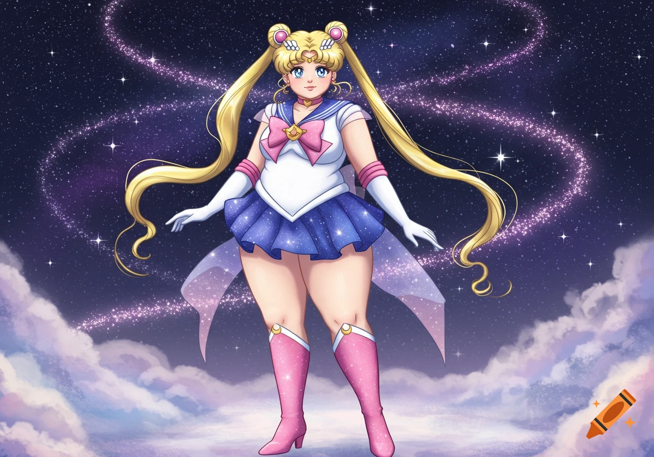 Plus-size Sailor Moon in her uniform stands against a starry night sky ...