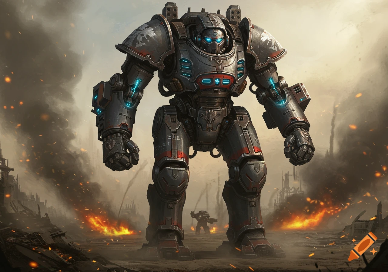 A giant, armored juggernaut mech with glowing blue eyes stands on a ...