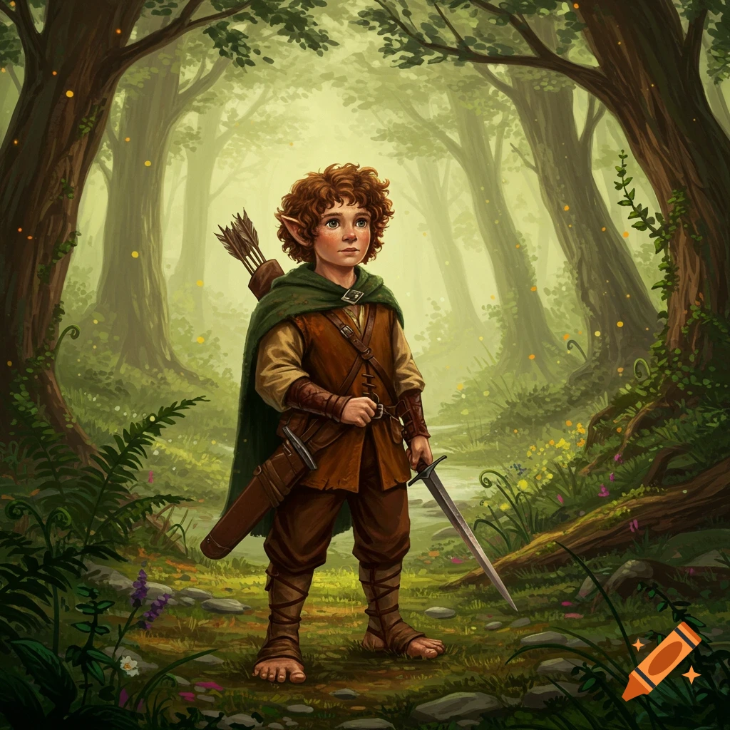 A young hobbit ranger with a sword and quiver stands barefoot in an ...