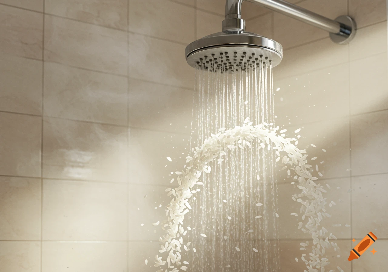 A close-up of a shower head in a tiled bathroom, spraying streams of ...