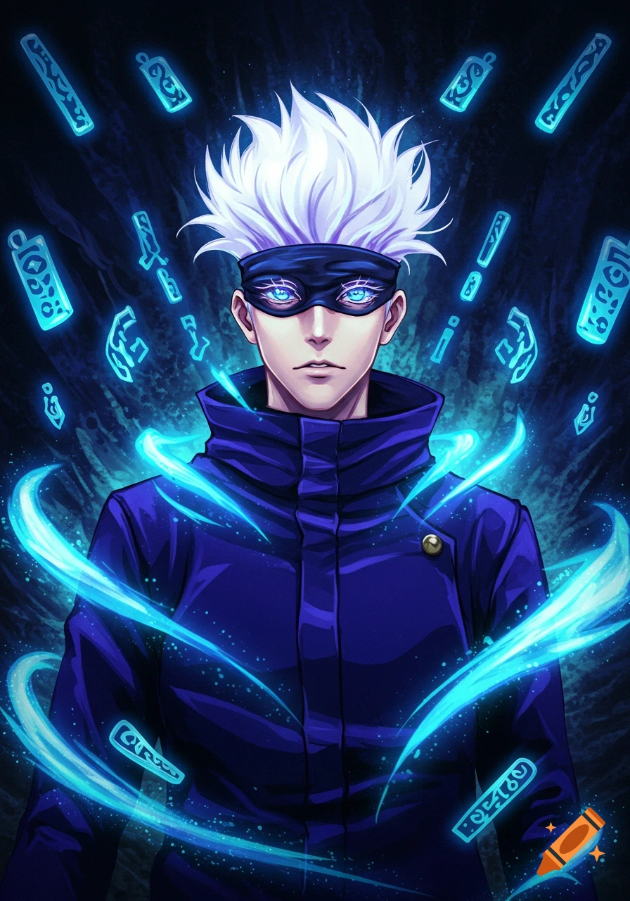 Full body illustration of Satoru Gojo in a dynamic pose on Craiyon