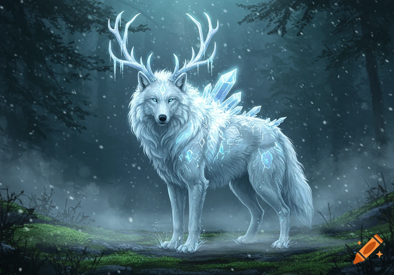 A majestic grey wolf with glowing orange eyes, horns with runes, and ...