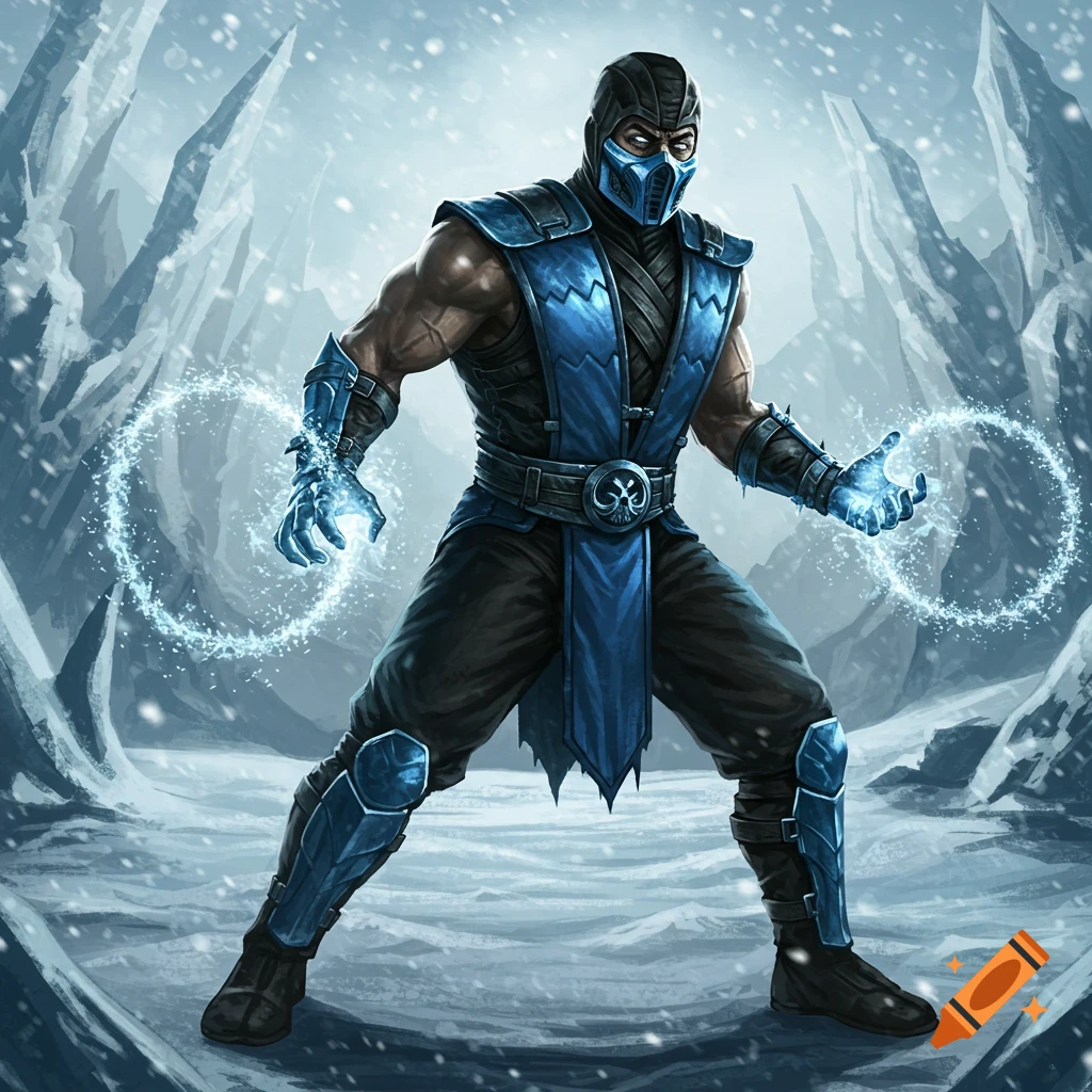 Sub-Zero, a blue and black ninja-like character with a mask, stands on an icy landscape ...