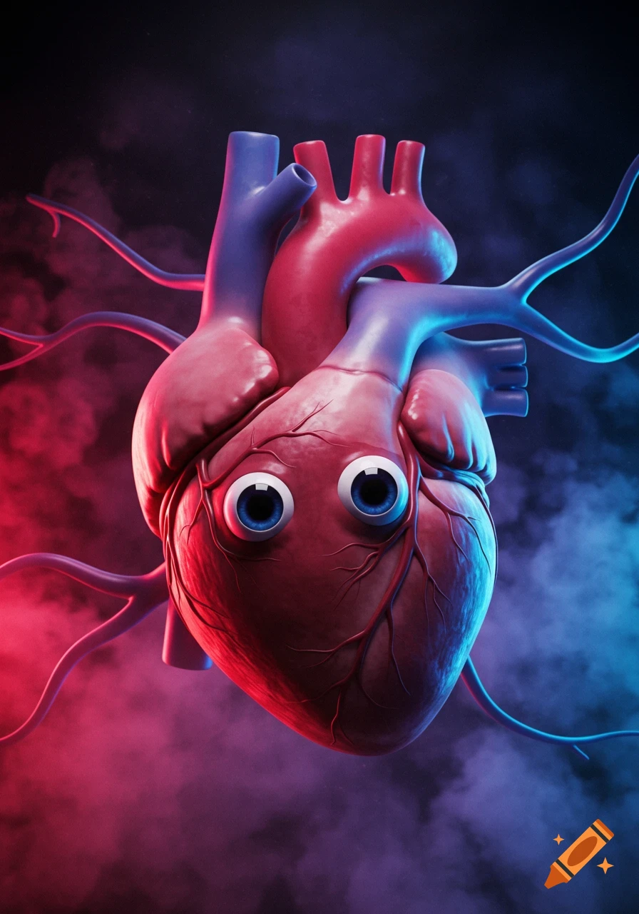 A glowing, stylized anatomical heart in shades of red and brown with ...