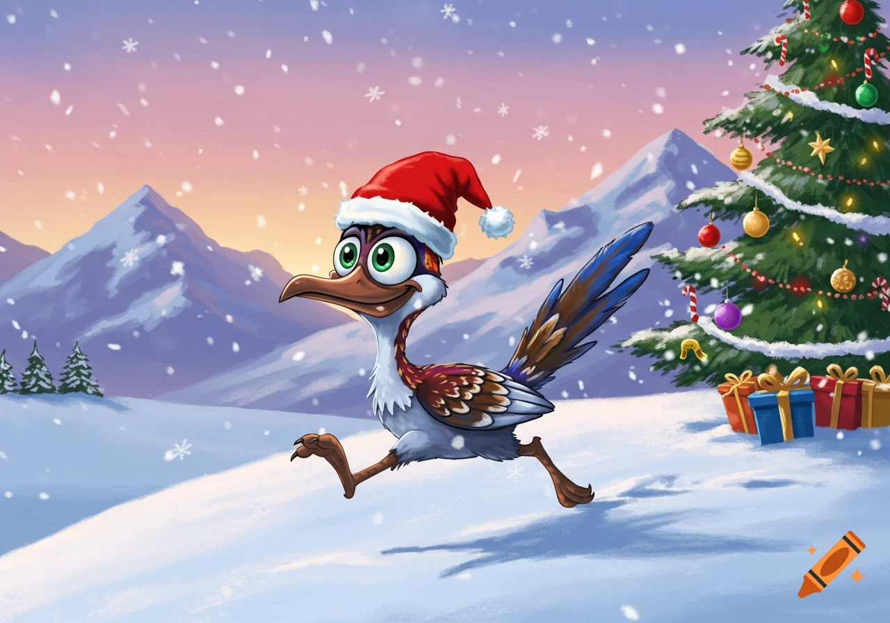 A cartoon roadrunner wearing a Santa hat runs through a snowy mountain ...