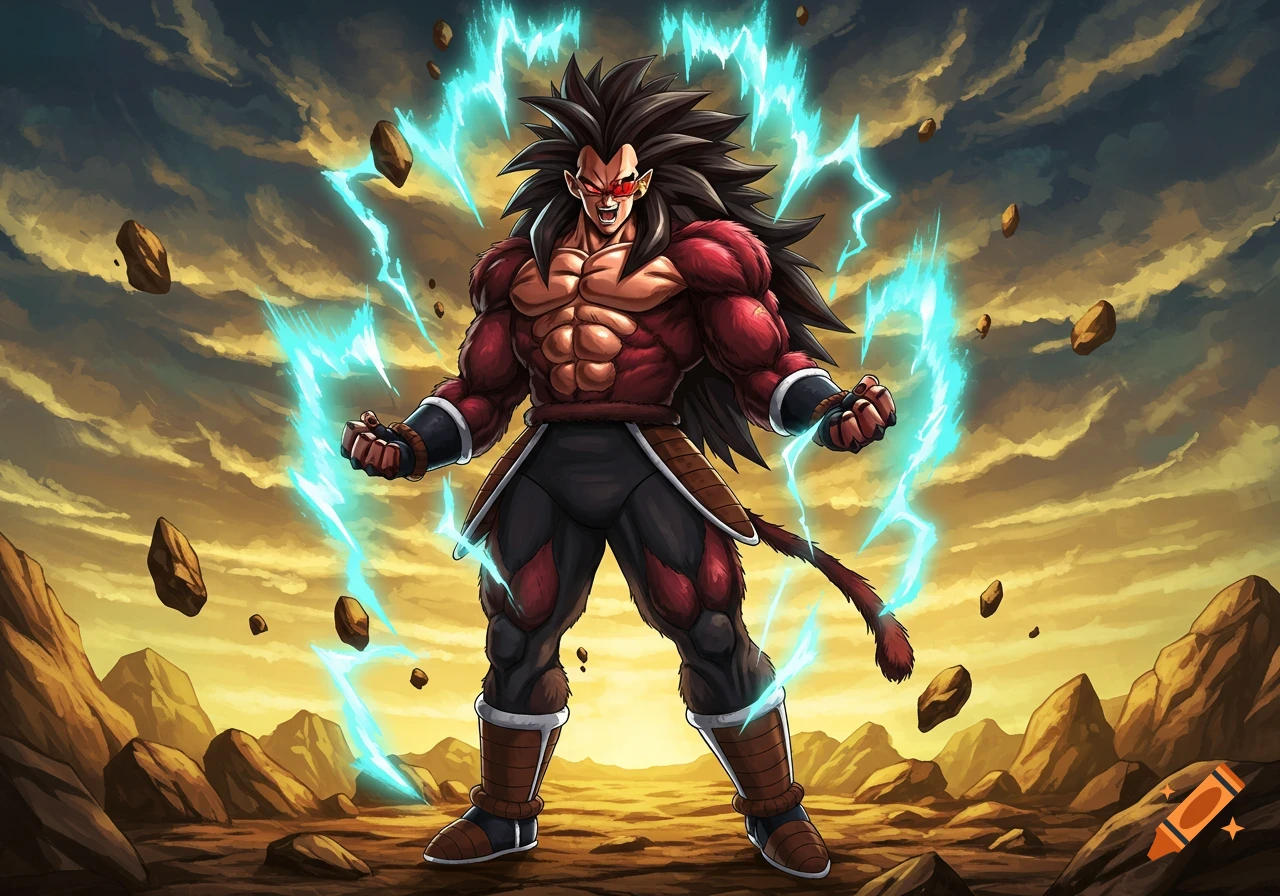 Raditz in Super Saiyan Four form stands powerfully amidst blue energy ...