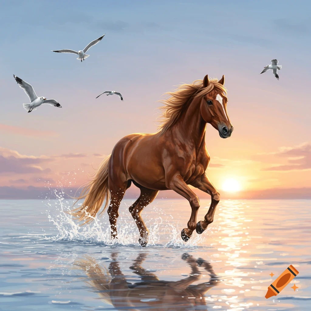 A brown horse gallops through shallow ocean water, splashing, with ...