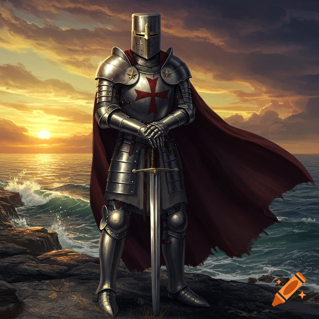 A crusader knight in full armor stands on rocks, holding a sword and ...