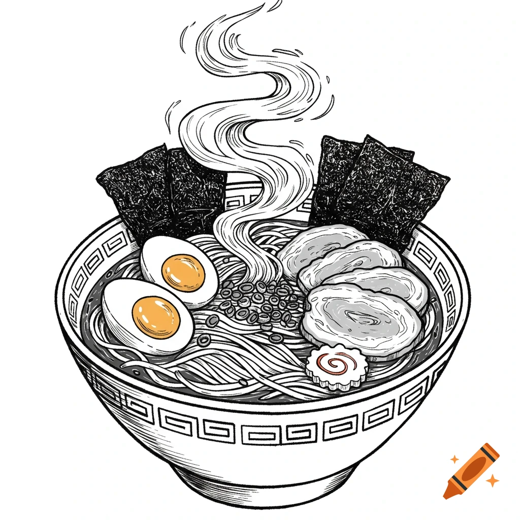A black and white cartoon illustration of a steaming ramen bowl with ...