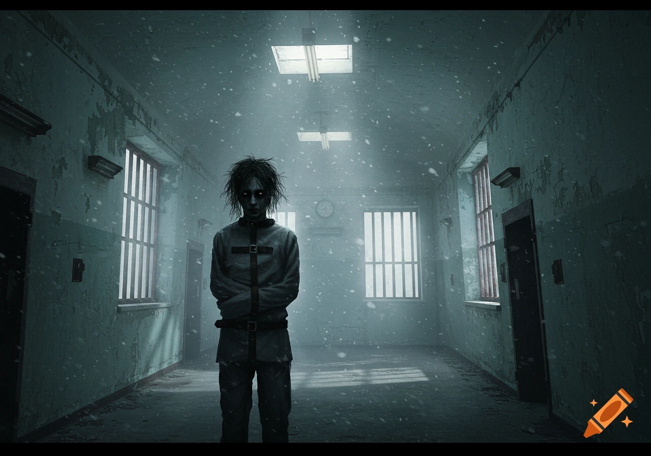 A dark, eerie figure in a straitjacket with glowing eyes stands in a ...