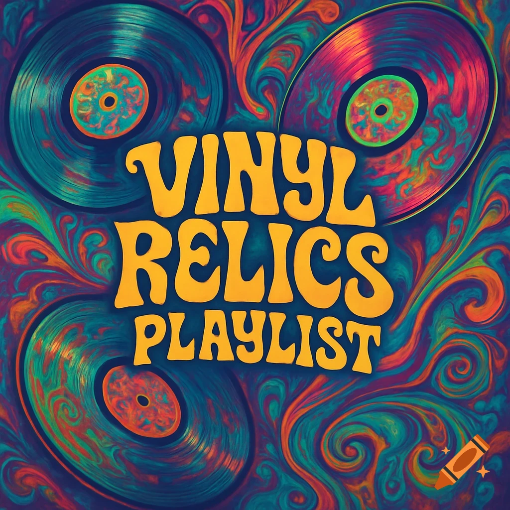 Psychedelic album art with three vinyl records and the text 'Vinyl ...