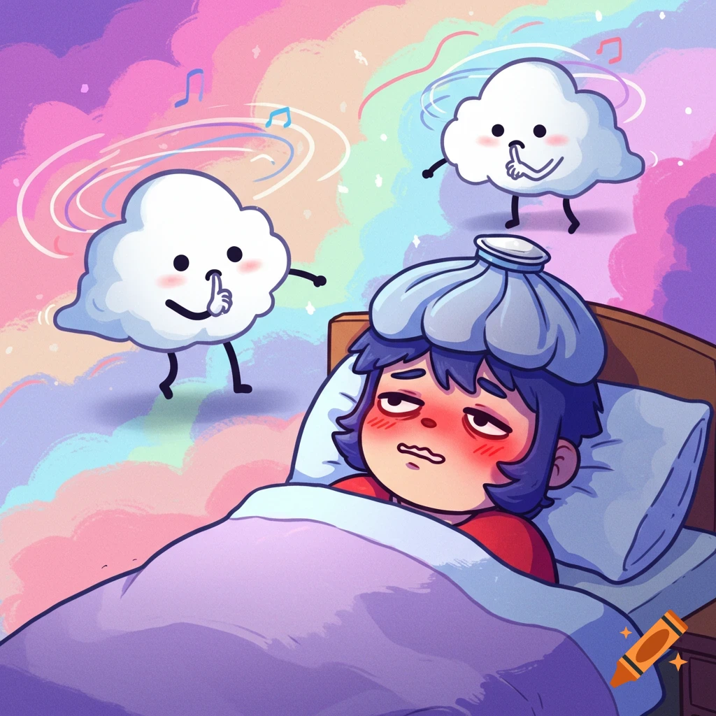 Whimsical cartoon of a sick person in bed with an ice pack, while two ...