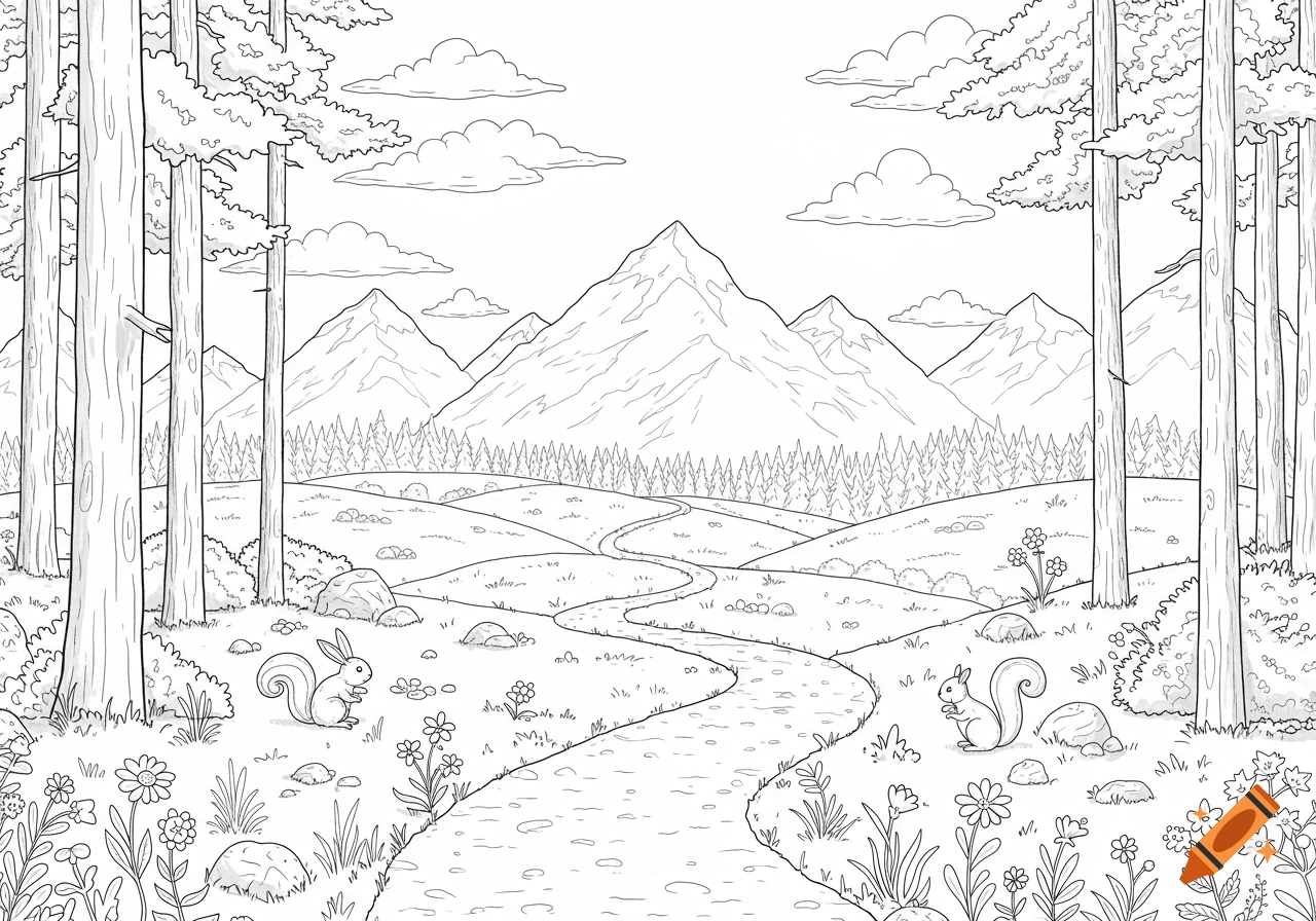 A black and white line art coloring page of a forest scene with a ...