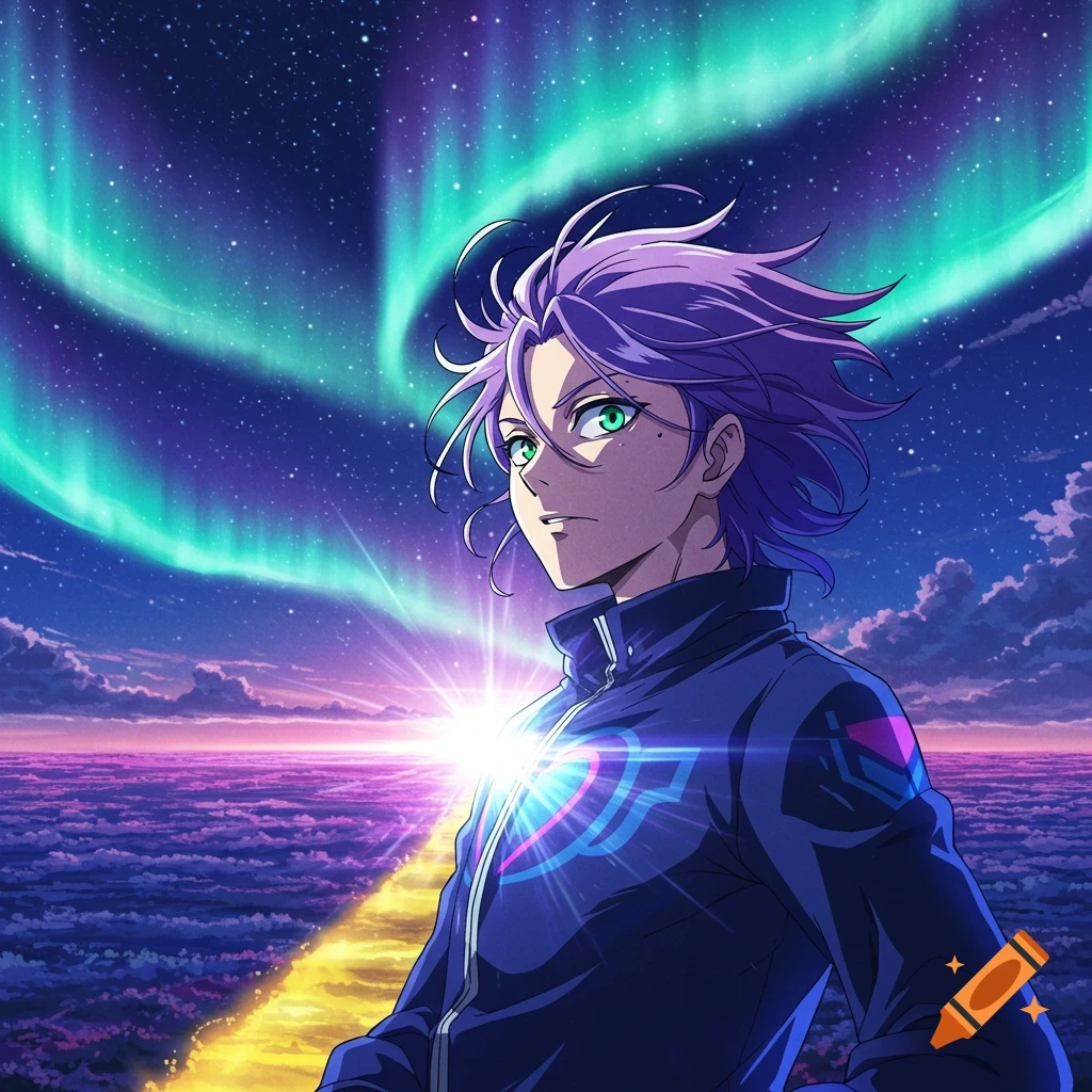 A vibrant anime character with purple hair and green eyes stands on a ...