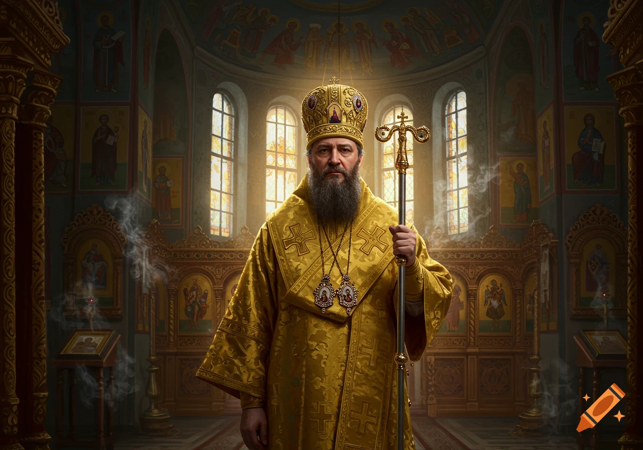 A solemn Russian Orthodox bishop in golden robes and a crown holds a ...