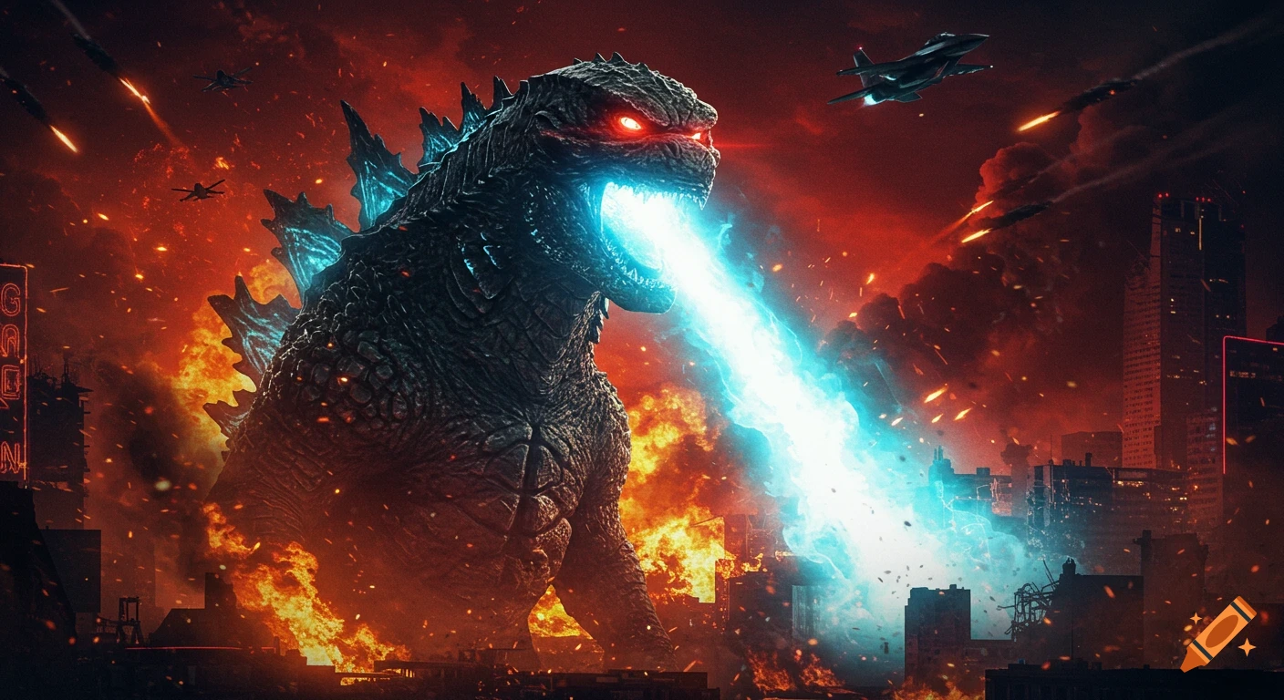 A giant Godzilla-like monster with glowing red eyes and blue atomic ...