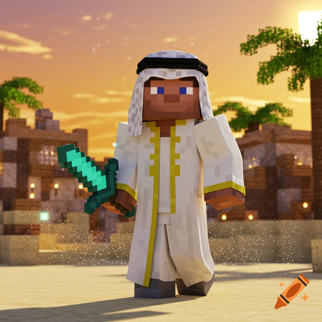Minecraft character in a white thobe and ghutra holding a glowing sword ...