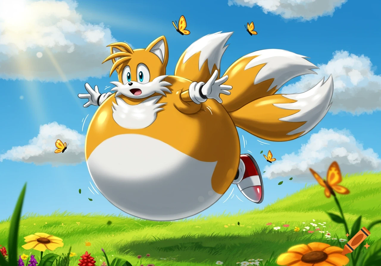 Miles 'Tails' Prower inflated like a giant yellow balloon, floating ...