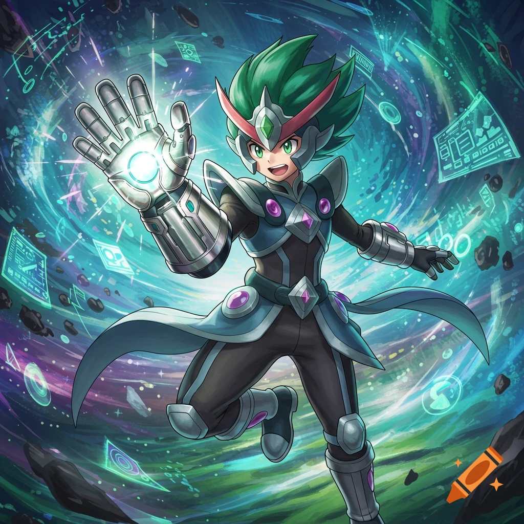 Vibrant anime character with green hair and a glowing metallic gauntlet ...