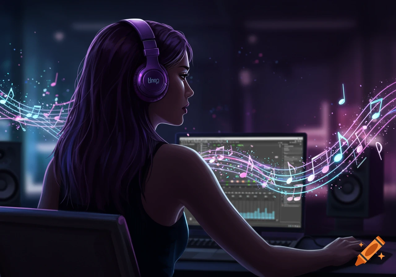 A smiling anime-style girl cheers at a vibrant techno music festival ...