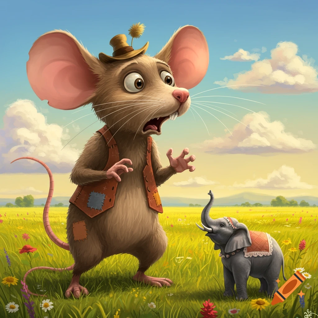 A massive, scared cartoon mouse in a hat and vest looks down at a tiny ...