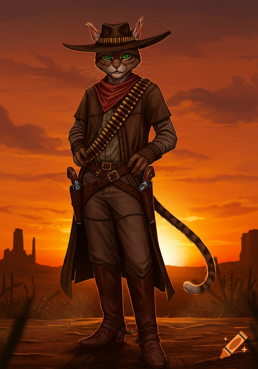 A stylized cat-like gunslinger in a cowboy hat and brown coat stands in ...